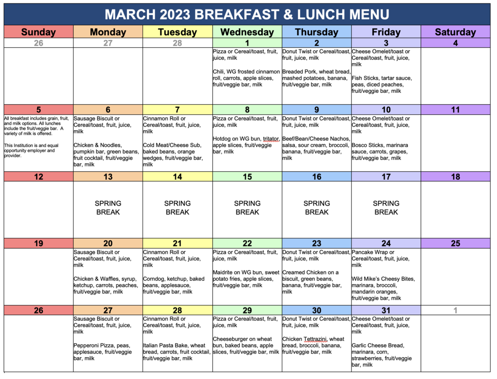 March 2023 Breakfast & Lunch Menu | Belmond-Klemme